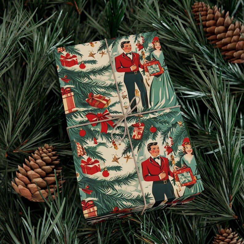 Vintage Christmas Wrapping Paper 1940s Holiday Gift Wrap Retro Paper ...