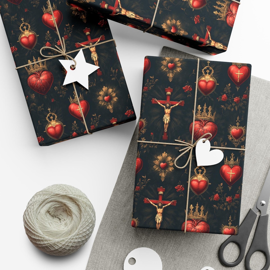Vintage Religious Wrapping Paper Faith Gift Wrap Sacred Heart Crown ...