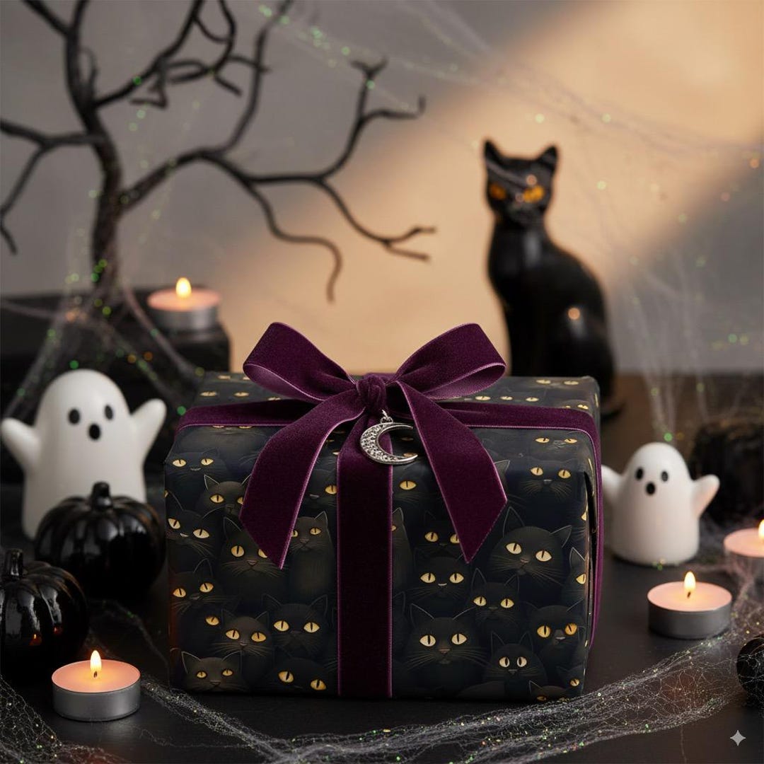 Black Cat Wrapping Paper Feline Gift Wrap Spooky Cat Eyes Halloween ...