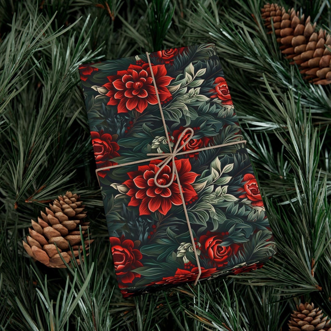 Dark Floral Wrapping Paper Rose Gift Wrap Dark Blooms Red and Green ...