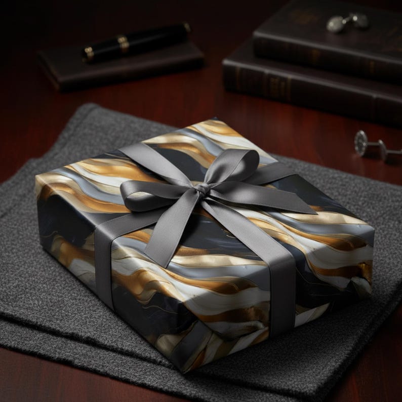 Gold White Silver Abstract Wrapping Paper: Modern Fluid Waves Black ...