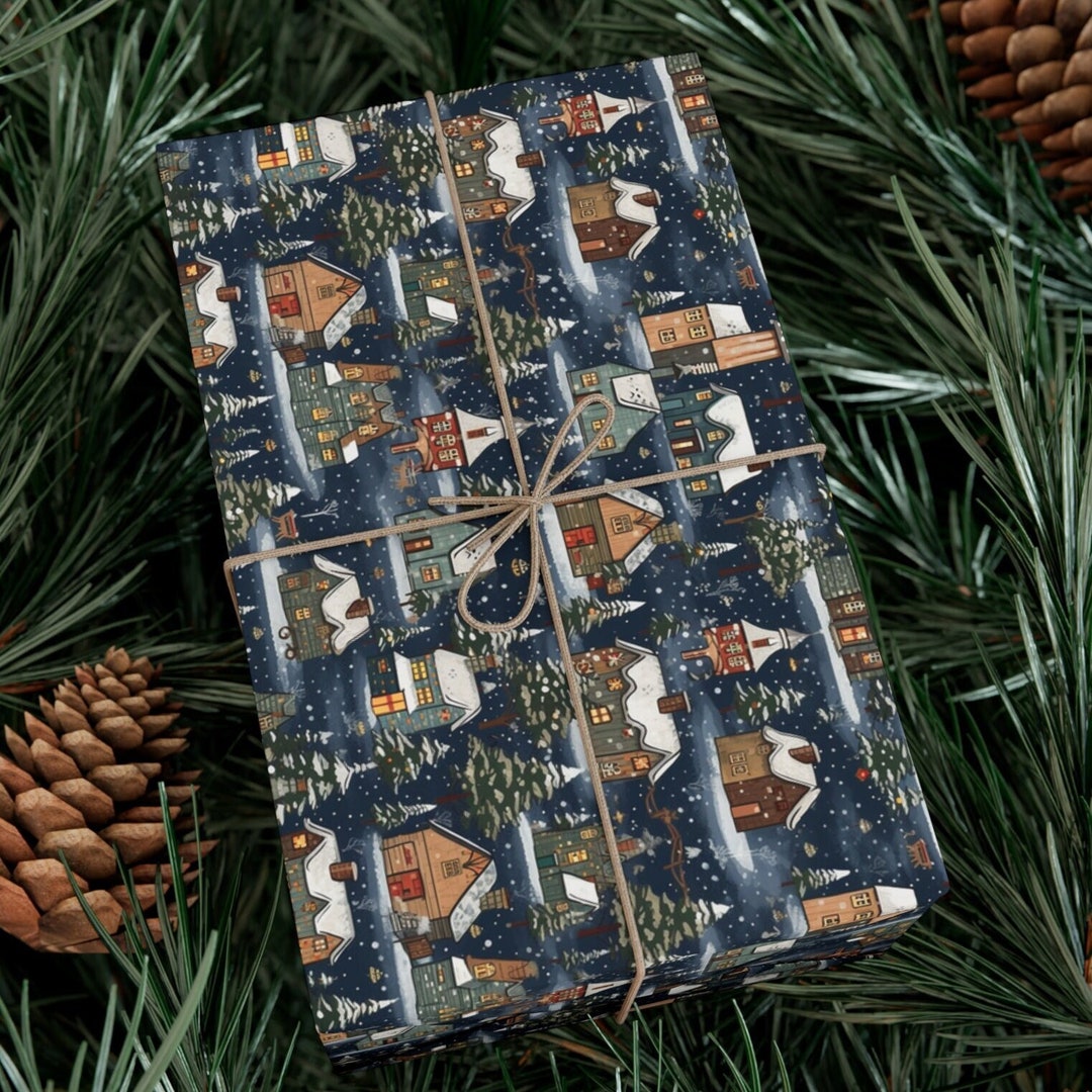 Winter Village Wrapping Paper Snowy Houses Christmas Trees Cute Houses ...