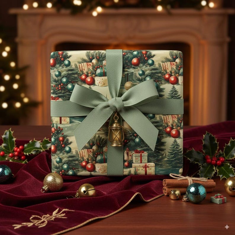 Vintage Christmas Wrapping Paper Holiday Gift Wrap 1940s Retro Pine ...