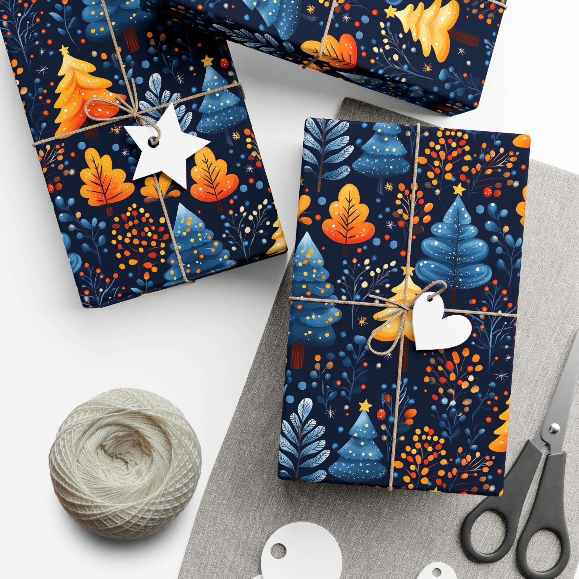 Christmas Tree Wrapping Paper Holiday Gift Wrap Bright Festive Blue ...