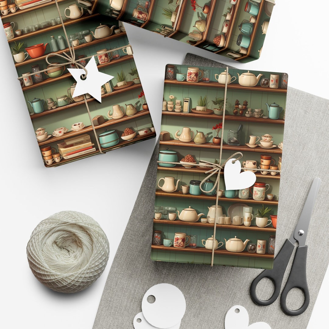 Country Home Wrapping Paper Shelf Colorful Bowls and Cups Cream Colored ...