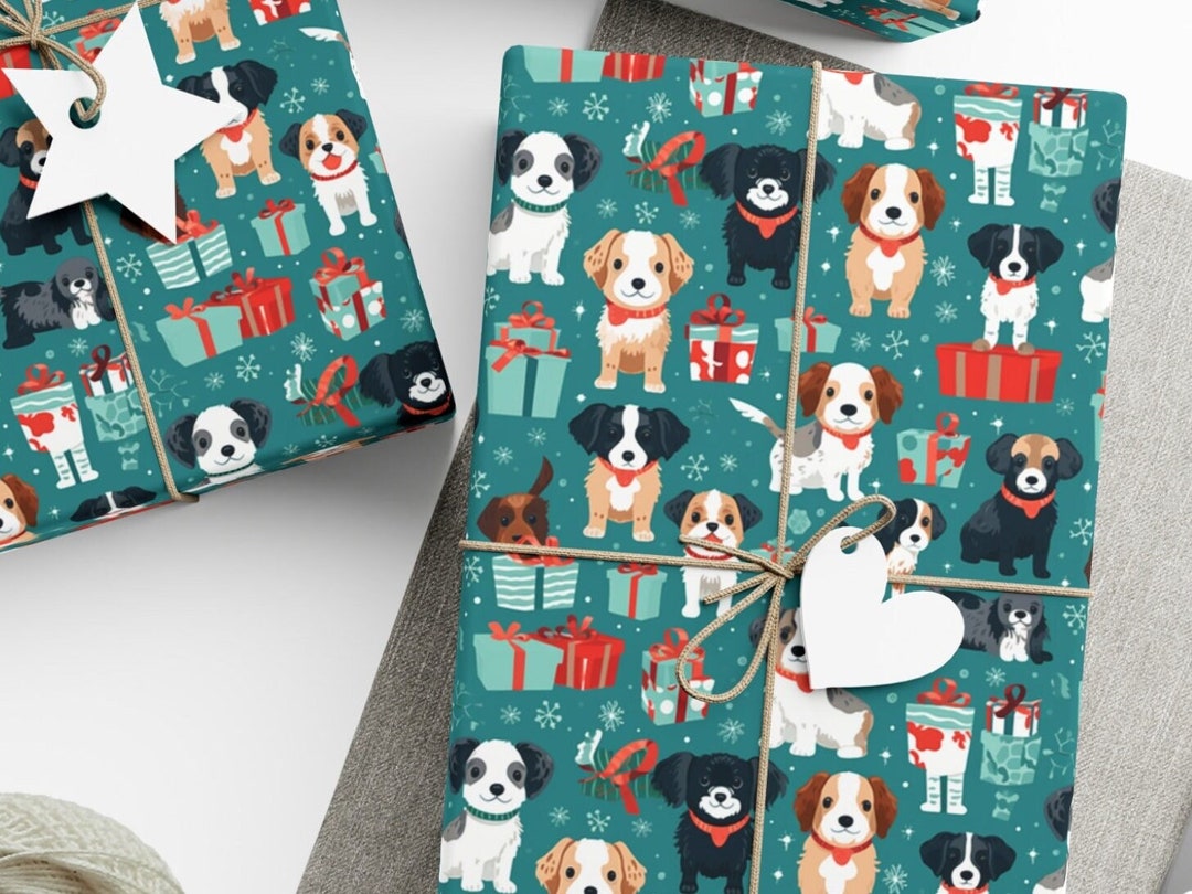 Festive Holiday Dogs Gift Wrapping Paper Dog Happy Puppy Gift Wrap Dogs ...