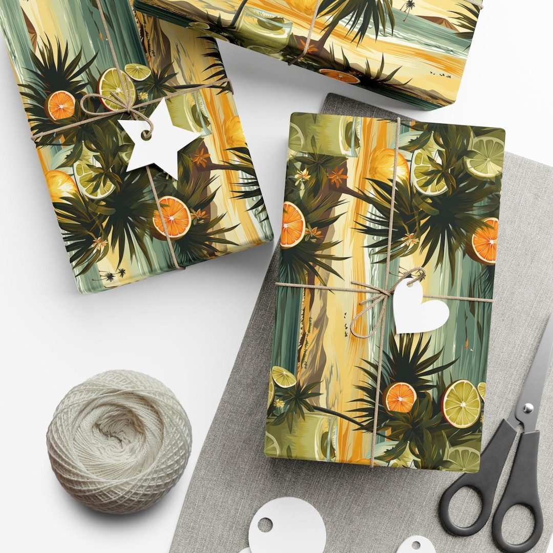 Tropical Wrapping Paper Beach Vacation Gift Palm Tree Gift Wrap Orange ...