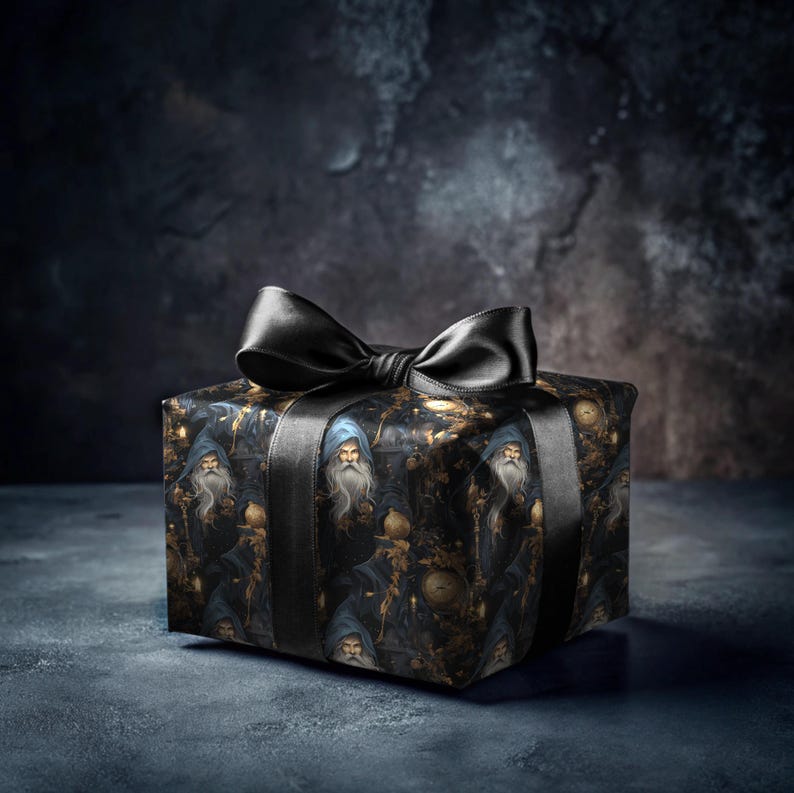 Wizard Gift Wrapping Paper: Black Fantasy Print With Gold Accents - Etsy