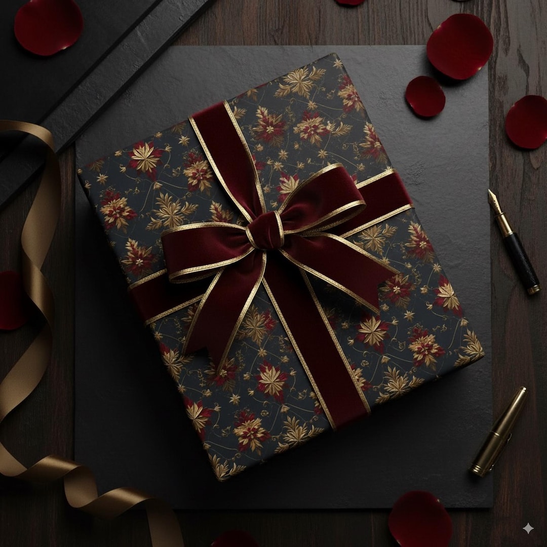 Dark Elegant Floral Wrapping Paper Gold Red Christmas Gift Wrap ...