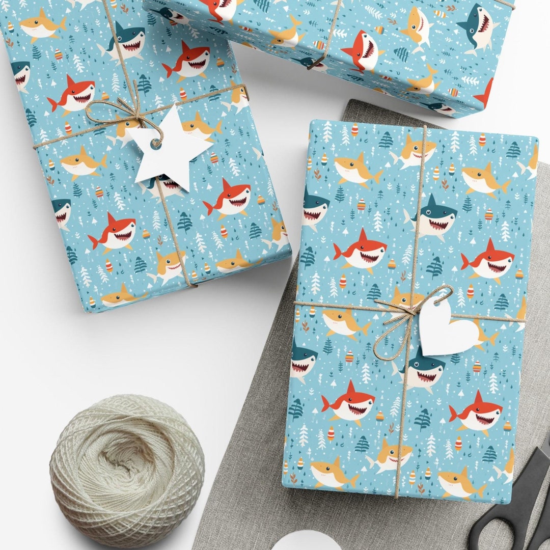 Baby Shark Wrapping Paper Children Gift Wrap Cartoon Blue Sharks Ocean ...