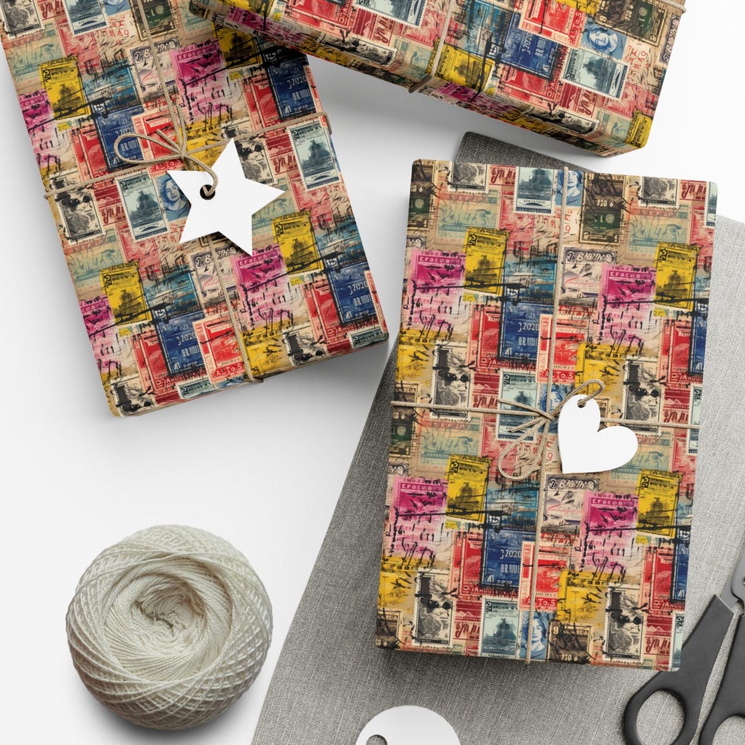 Postage Stamp Wrapping Paper Stamp Collection Pink Yellow Mail Service ...