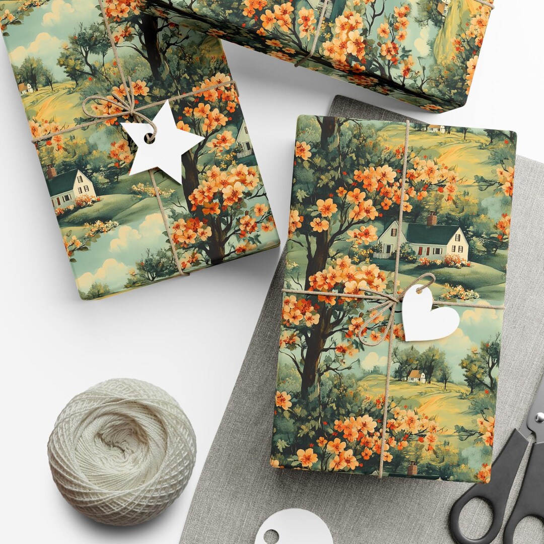 Farm House Wrapping Paper Cherry Blossum Vintage Gift Wrap Country ...