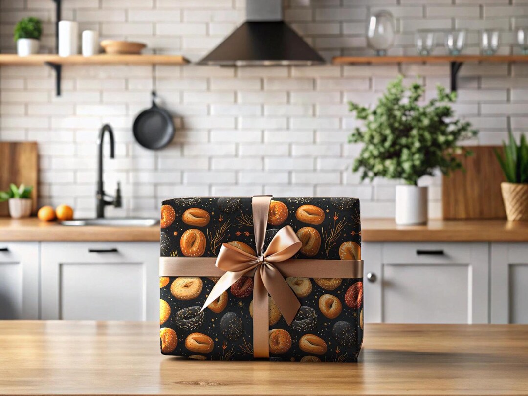 Bagel Gift Wrap Dark Bagel Shop Wrapping Paper Black Delicious Foodie ...