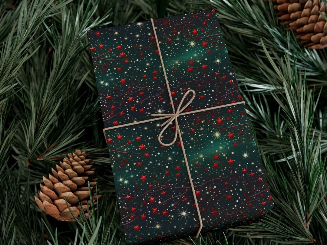 Dark Festive Forest Star Christmas Wrapping Paper Celestial Star ...