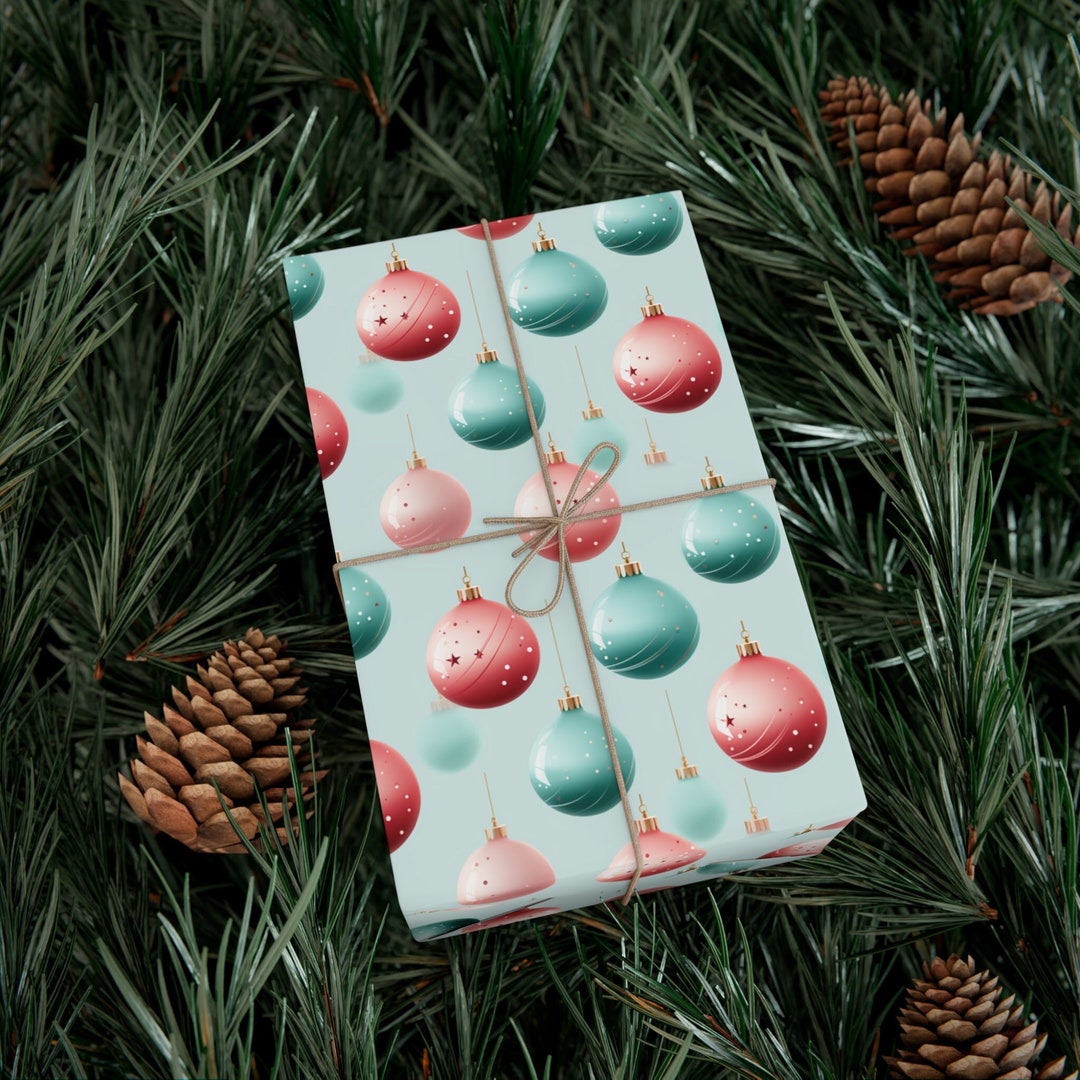 Pastel Christmas Wrapping Paper Blue Pink Vintage Ornament - Etsy
