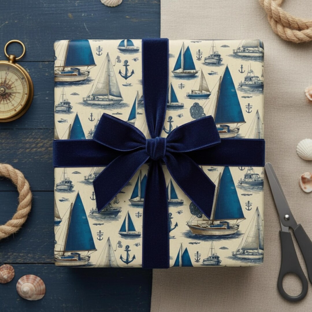 Vintage Nautical Sailboat Wrapping Paper: Maritime Gift Wrap, Blue ...