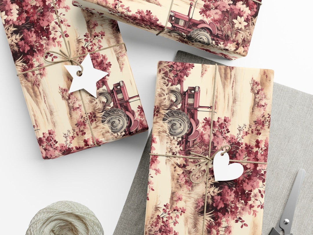 Farmhouse Wrapping Paper Tractor Tranquil Meadows Dusky Rose Muted Red ...