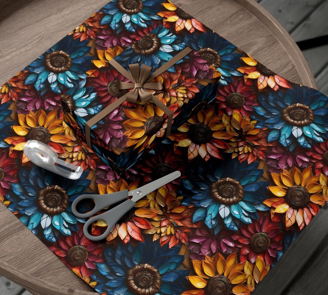 Colorful Sunflower Gift Wrapping Paper Spiral Blue Yellow Vibrant ...