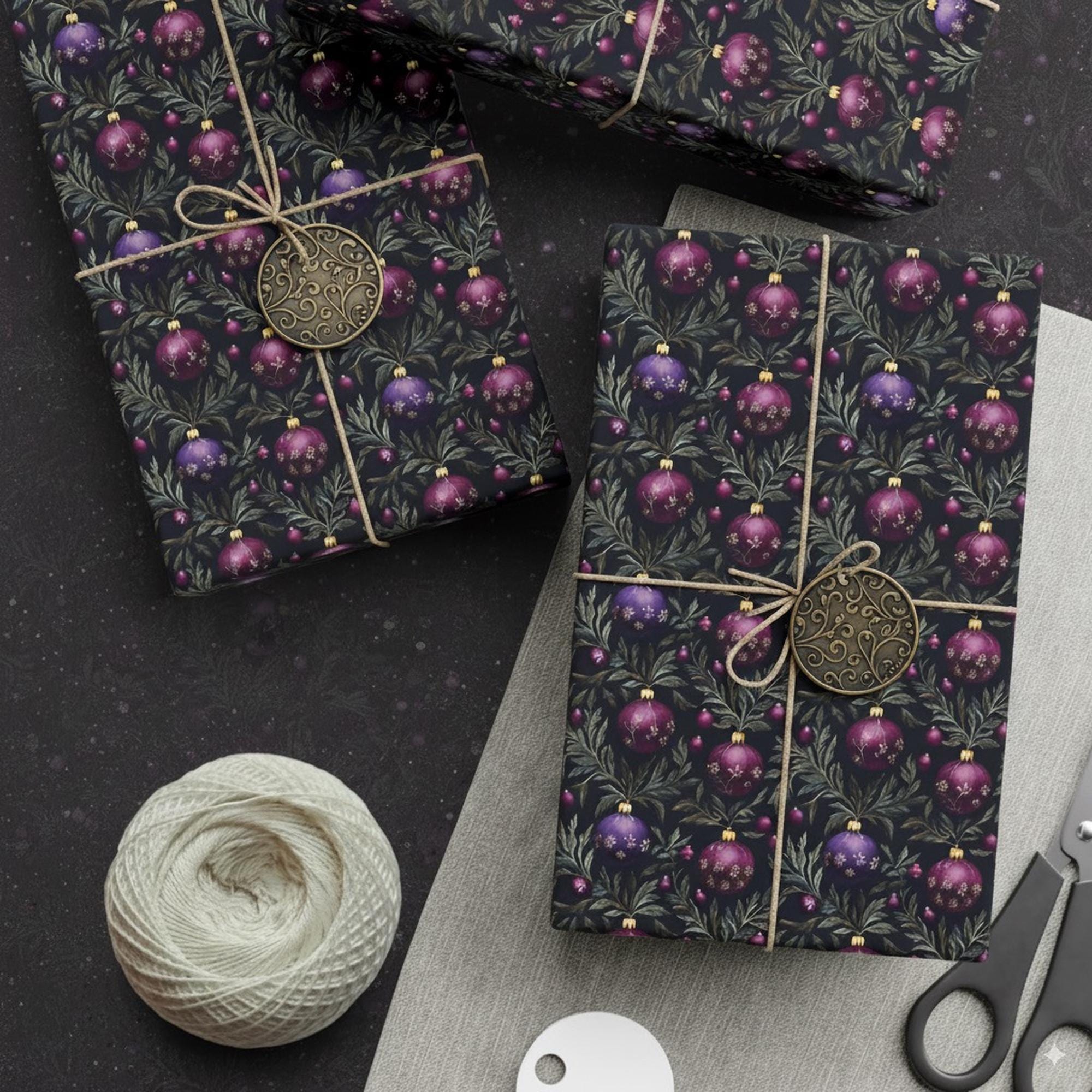 Purple Ornament Wrapping Paper Dark Holiday Gift Wrap Christmas Paper ...