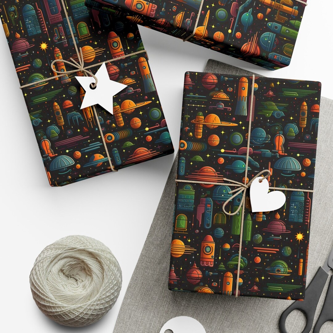 Outer Space Gift Wrapping Paper Black Spaceship Planet Wrapping Paper ...