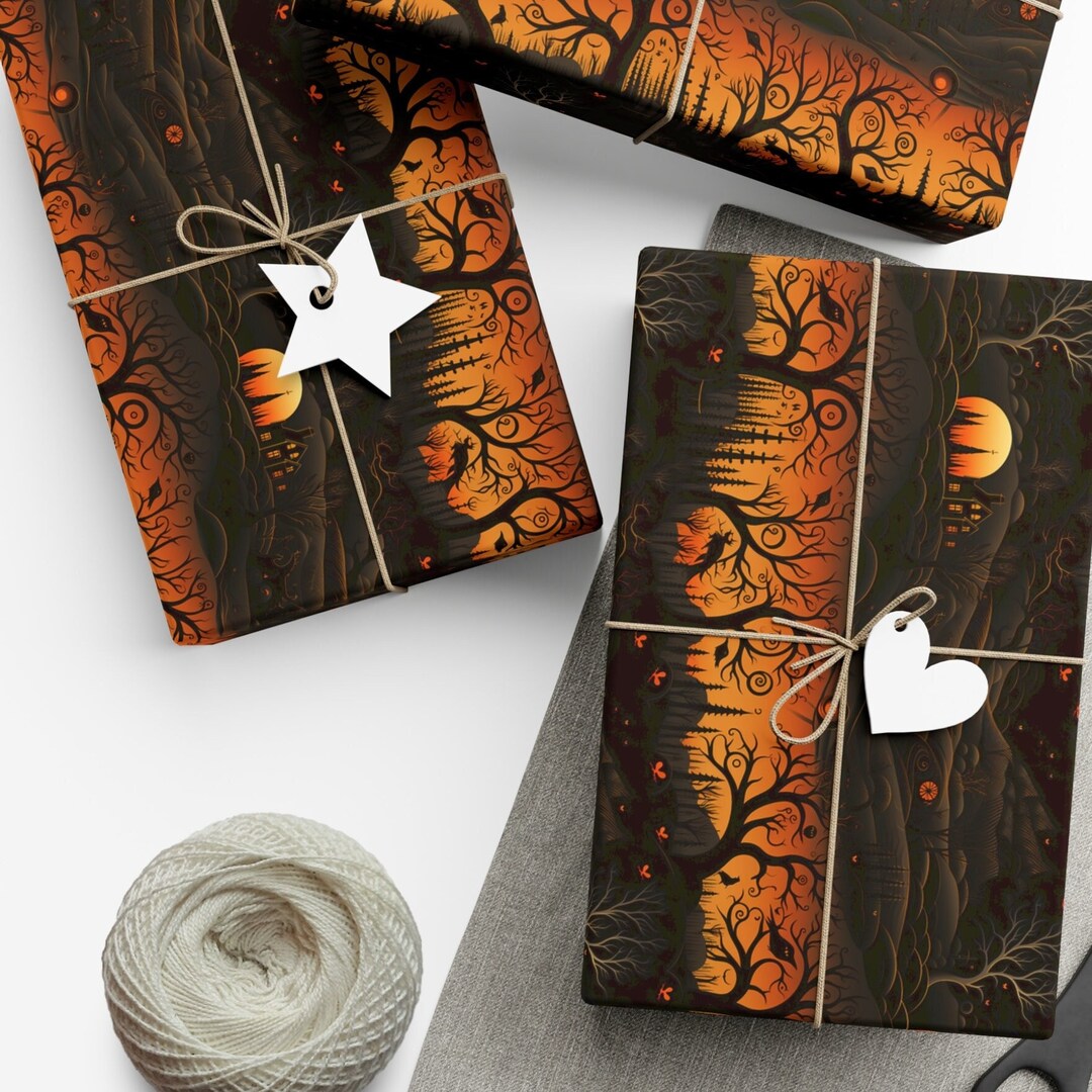 Spooky Halloween Gift Wrap Haunted House and Moon Landscape Design ...