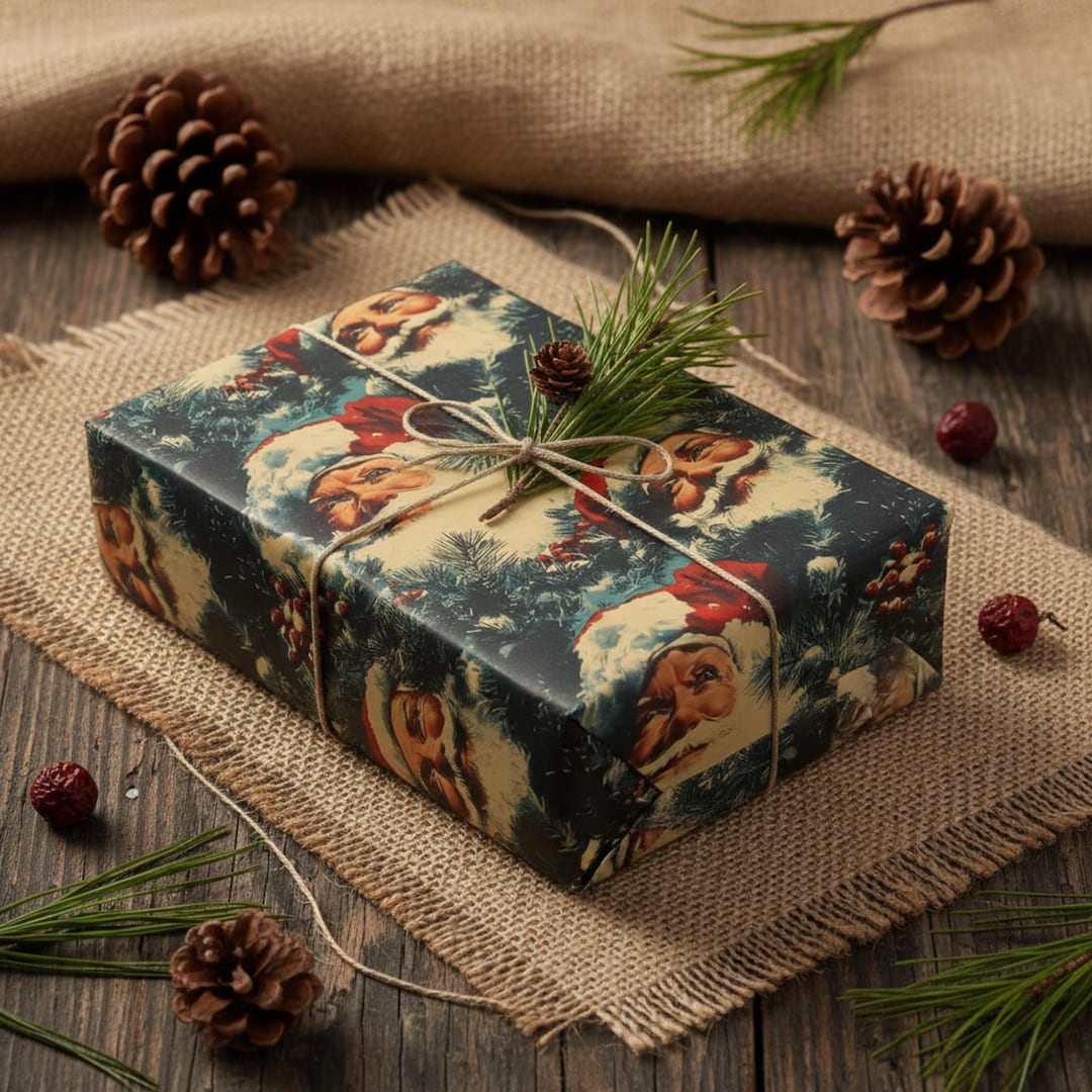 Vintage Santa Wrapping Paper Christmas Gift Wrap Retro Holiday Antique ...
