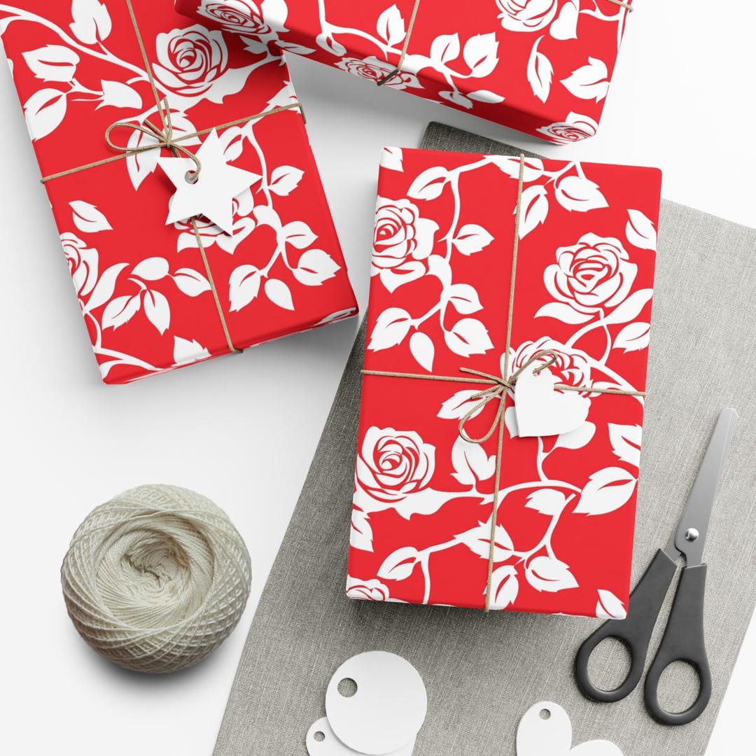 Red Rose Garden Wrapping Paper Floral Gift Wrap Elegant Flowers Premium ...