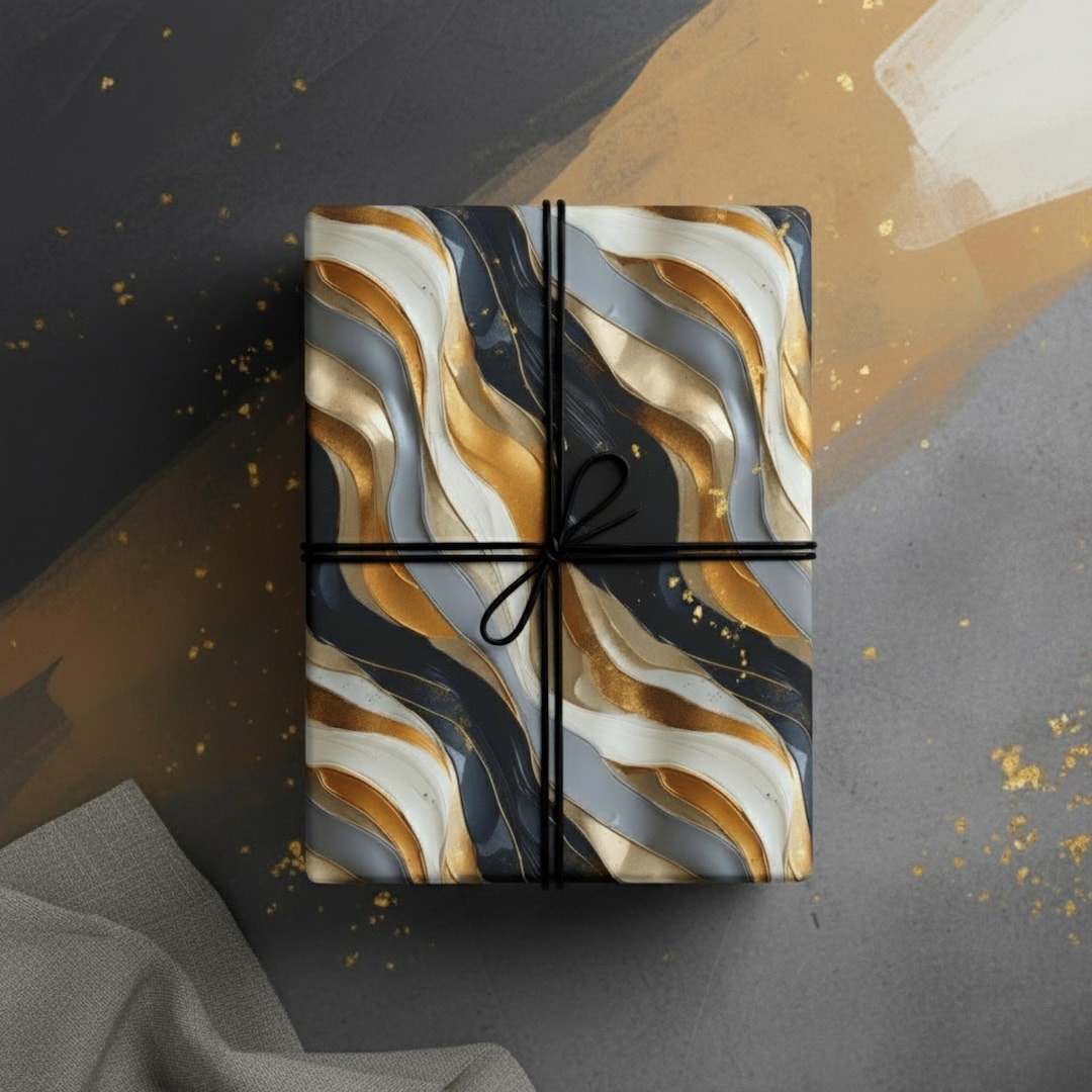 Gold White Silver Abstract Wrapping Paper: Modern Fluid Waves Black ...