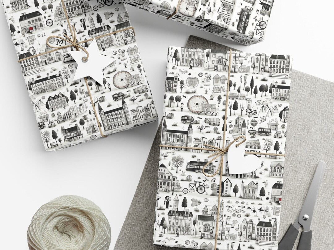 Urban Skyline Gift Wrap Black White and Grey Wrapping Paper City Themed ...