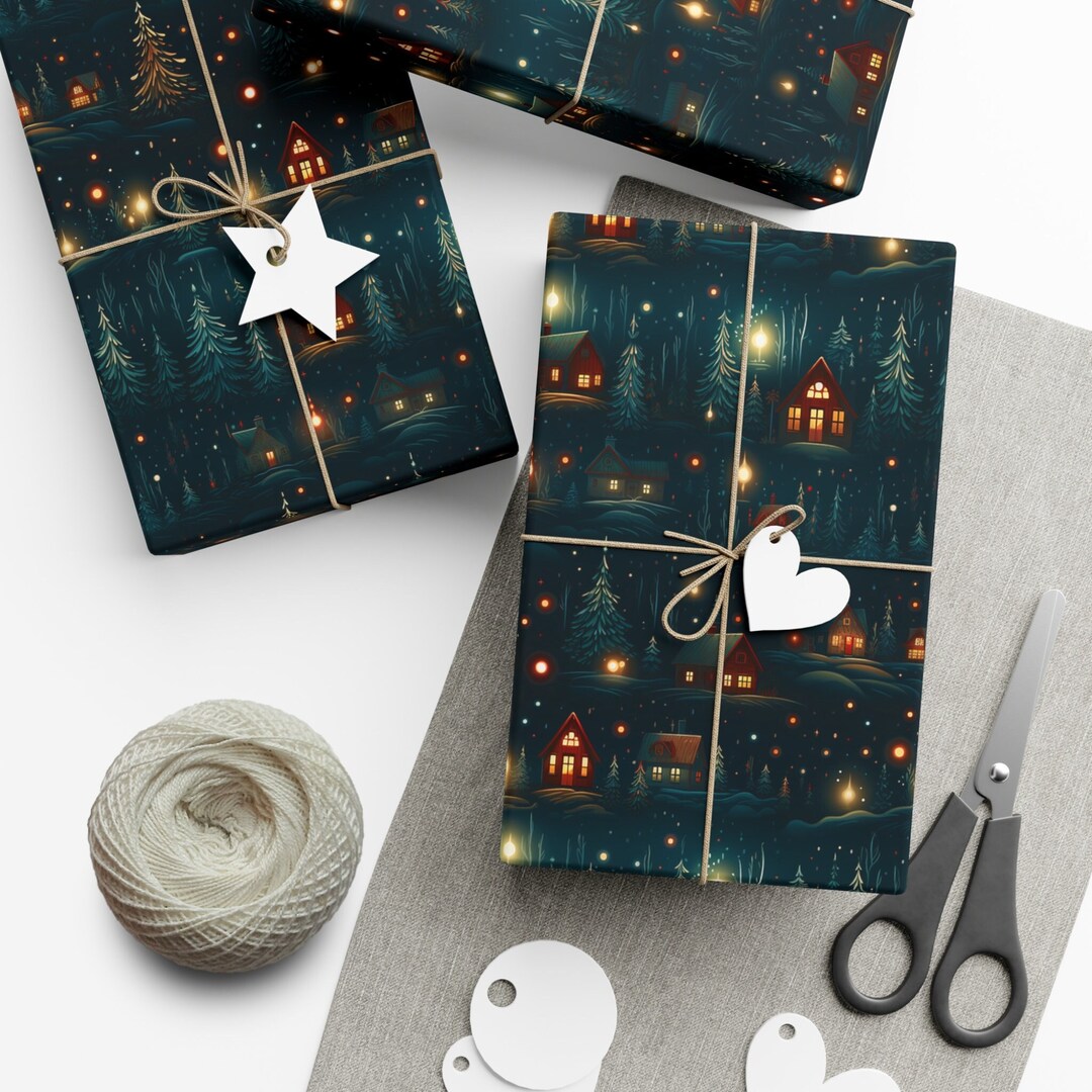 Festive Holiday Wrapping Paper Cozy House Tree Scene Gift Wrap W Bright ...