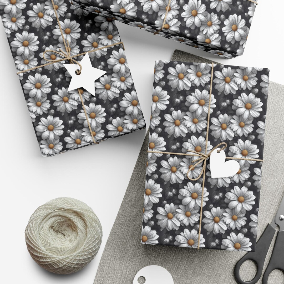 Floral Wrapping Paper Daisy Gift Wrap White Daisy Gift Wrap Gray Flower ...
