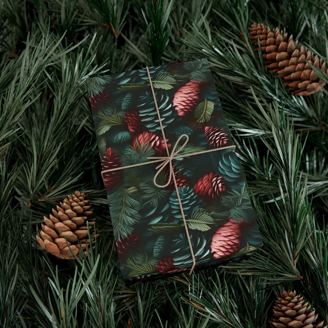 Pinecone Christmas Wrapping Paper Festive Green Pine Tree Gift Wrap Red ...