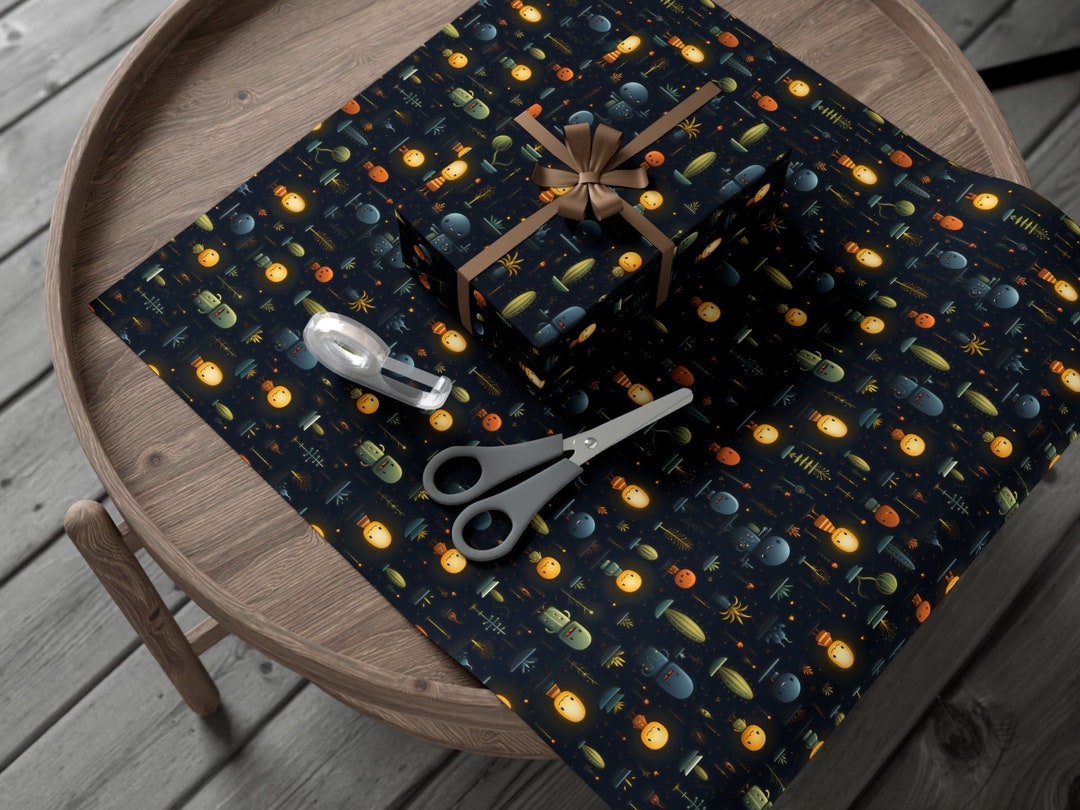 Cute Alien Wrapping Paper Robot Cartoon Space Character Plants UFO Neon ...