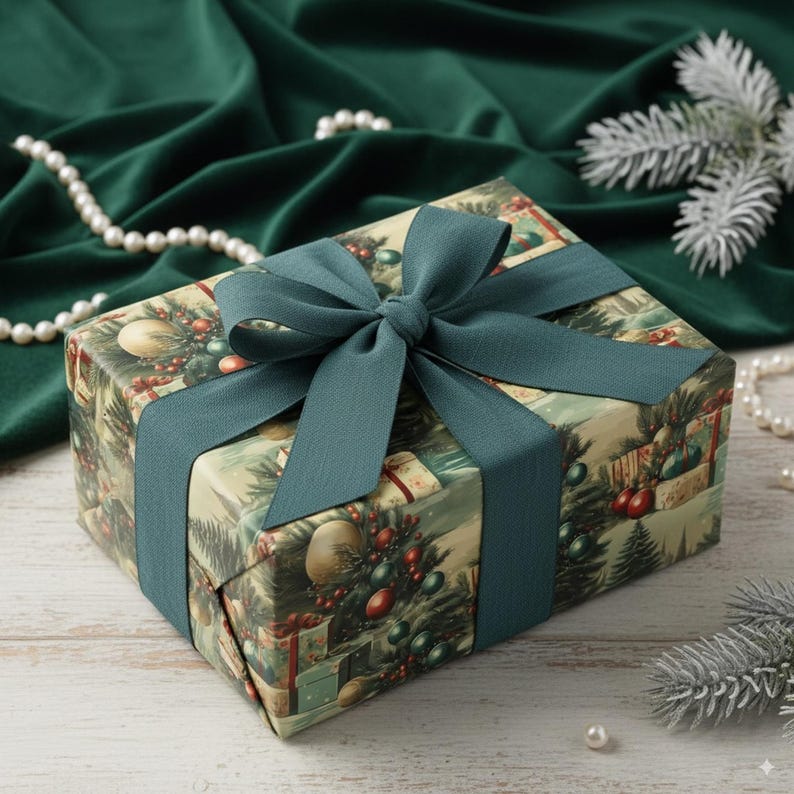 Vintage Christmas Wrapping Paper Holiday Gift Wrap 1940s Retro Pine ...