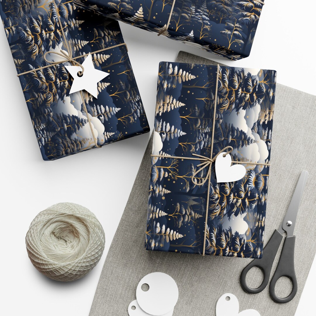 Navy and Gold Christmas Wrapping Paper, Snowy Forest Wrapping Paper ...