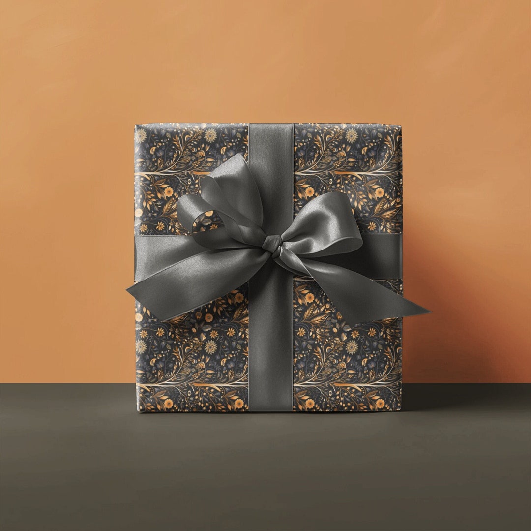 Navy Gold Wrapping Paper Golden Blooms Elegant Floral Motif Rich Blue ...