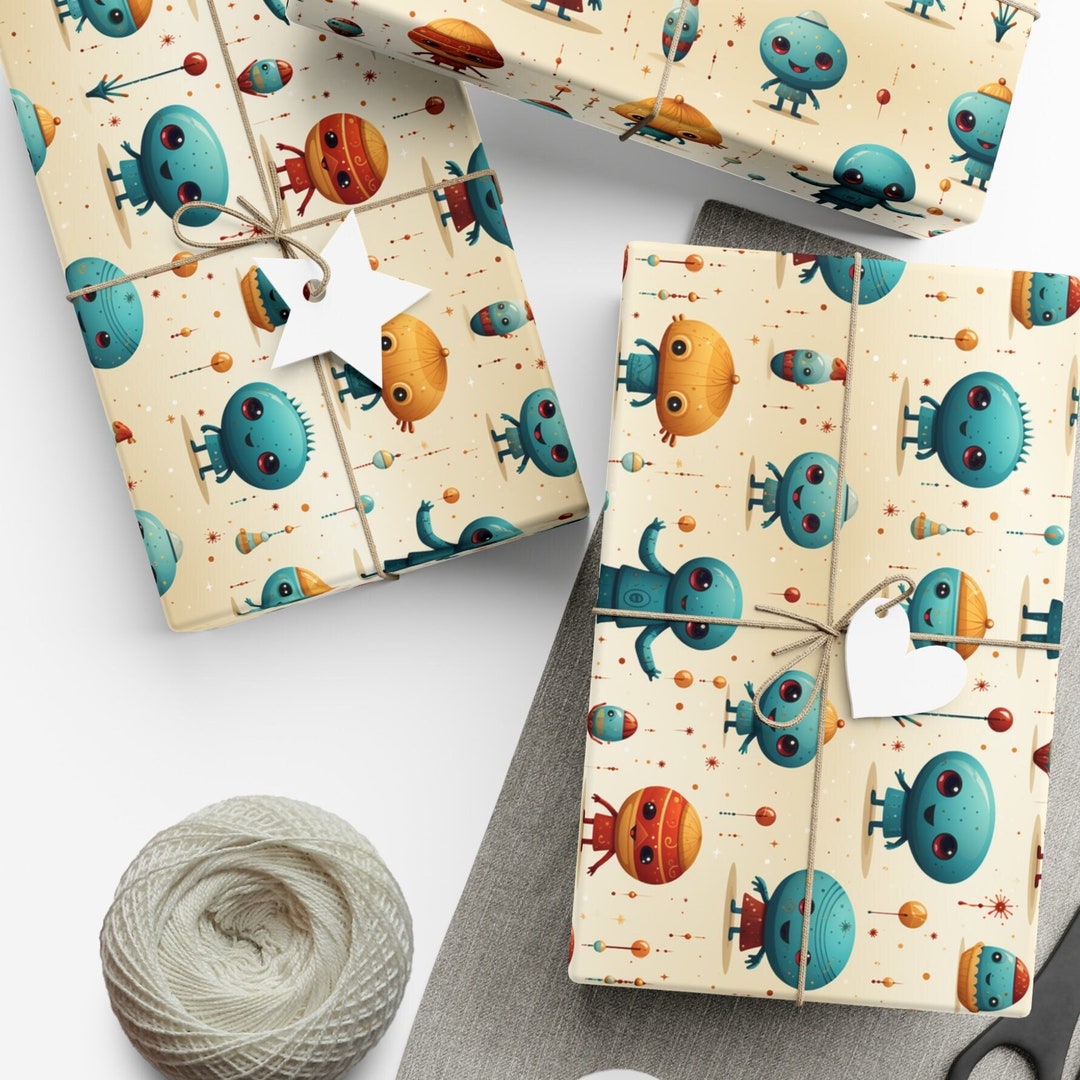 Vibrant Alien Wrapping Paper Cute Alien UFO Vintage Alien Blue Orange ...