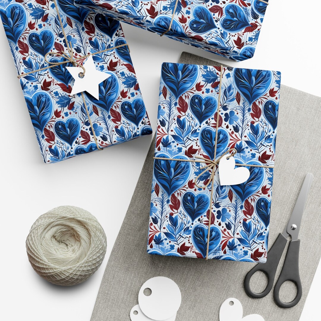 Blue Heart Floral Gift Wrapping Paper: Nature Inspired Design - Etsy