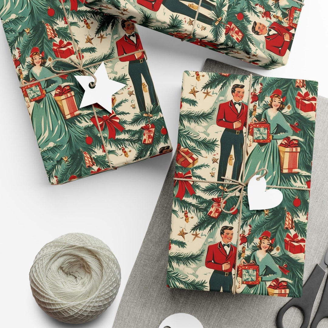 Vintage Christmas Wrapping Paper 1940s Holiday Gift Wrap Retro Paper ...