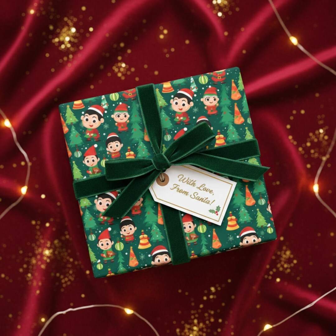 Christmas Elf Christmas Wrapping Paper: Green Holiday Gift Wrap for ...