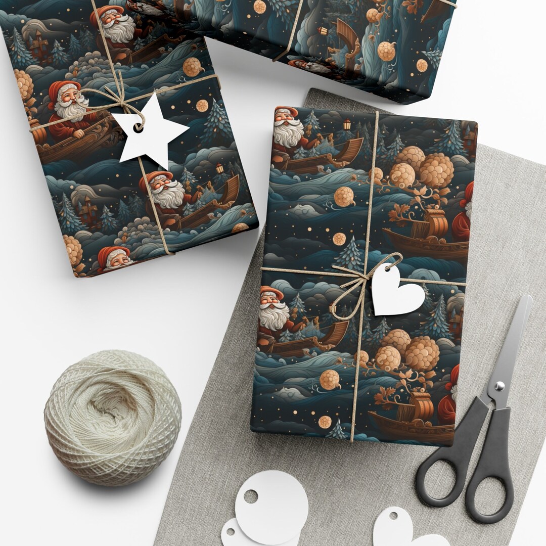 Santa Claus Boat Christmas Wrapping Paper Vintage Nautical Holiday ...