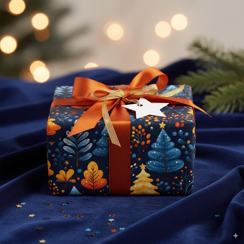 Christmas Tree Wrapping Paper Holiday Gift Wrap Bright Festive Blue ...