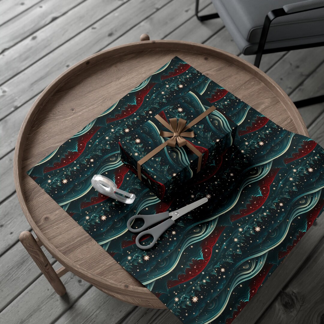 Starry Night Sky Wrapping Paper Dark Landscape W Trees Stars Blue Green ...