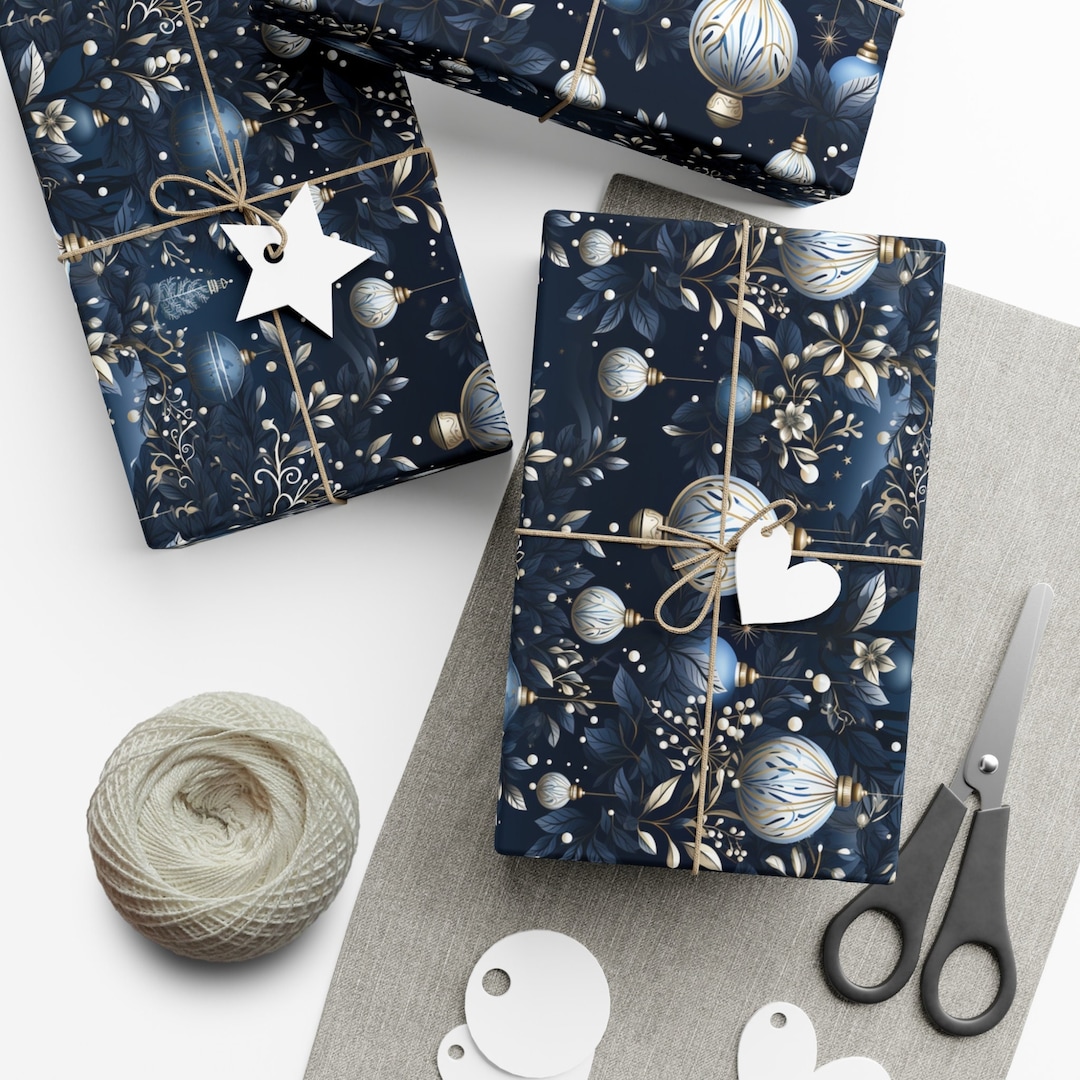 Blue Christmas Gift Wrap Navy Gold Christmas Wrapping Paper Vintage ...