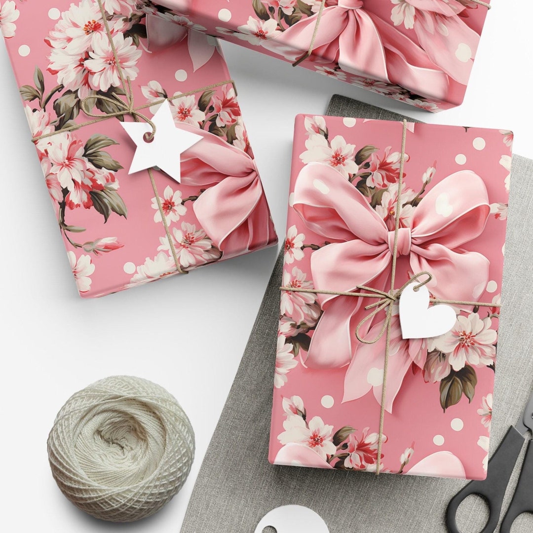 Baby Shower Wrapping Paper Pink Silk Pink Flower Bow Elegant Wrapping ...