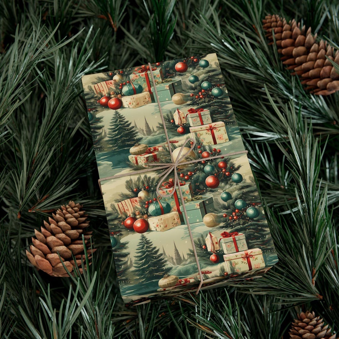 Vintage Christmas Wrapping Paper Holiday Gift Wrap 1940s Retro Pine ...