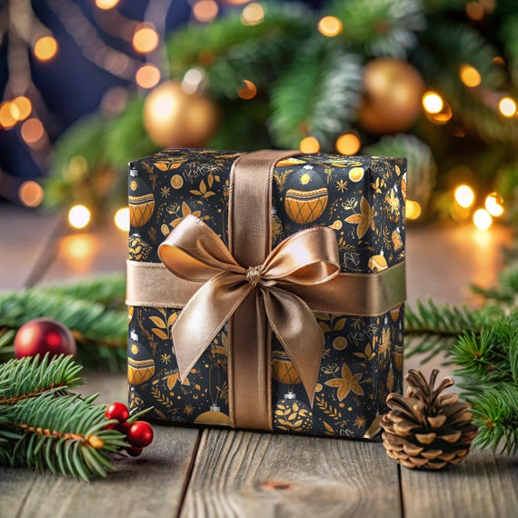 Black Gold Ornament Wrapping Paper Christmas Elegant Floral Gift Wrap Christmas Gift Wrap Leaves Flowers Sophisticated Luxury Wrapping Roll Etsy