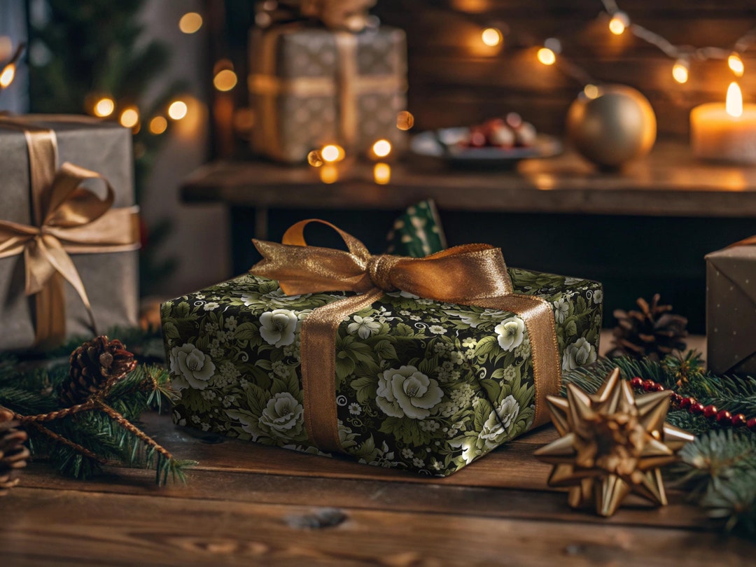 Green Floral Wrapping Paper Rose Dark Flowers Forest Green Sage Roses ...