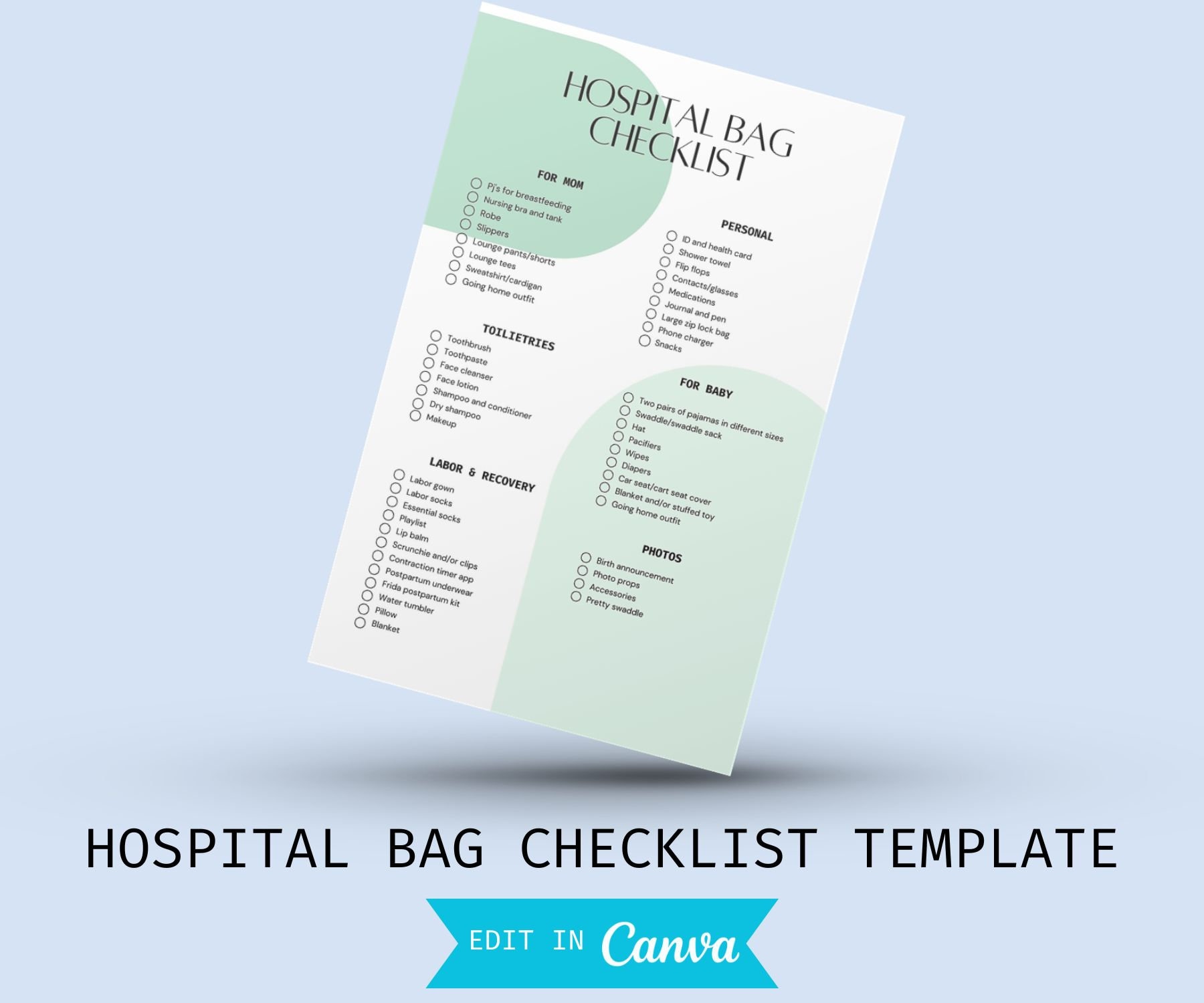Hospital Bag Checklist Editable Template, Printable, Canva, Essentials ...