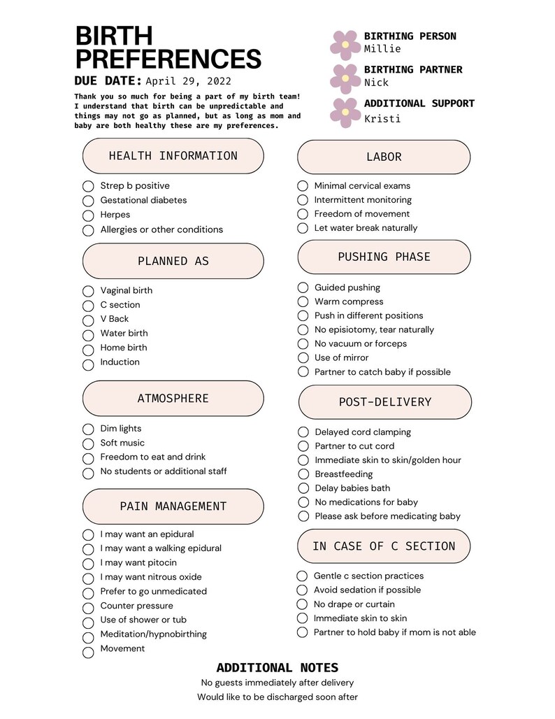Birth Plan Editable Printable Canva Template, Labor, Delivery, Pain ...